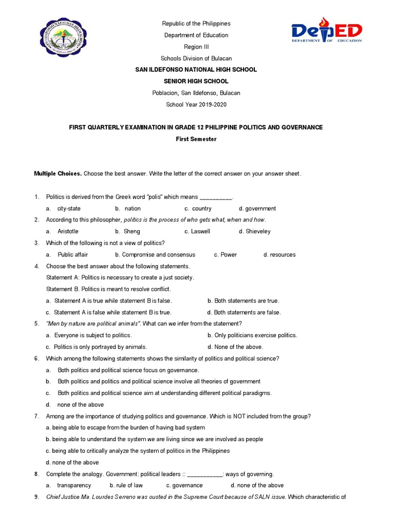 First Quarter Examination PPG 2018-2019 | PDF