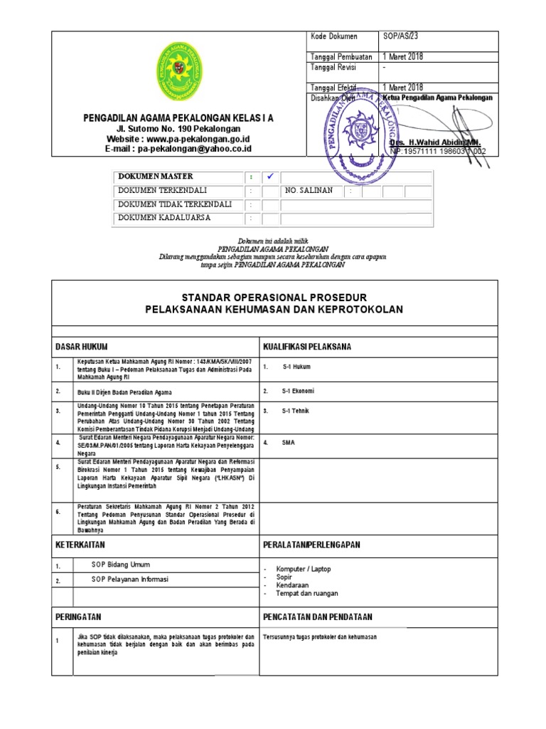 2.11.PP1 SOP Pelaksanaan Kehumasan Dan Keprotokolan | PDF
