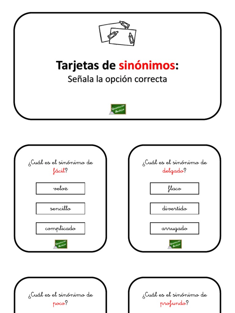 Tarjetas de Sinónimos Señala La Opción Correcta | PDF