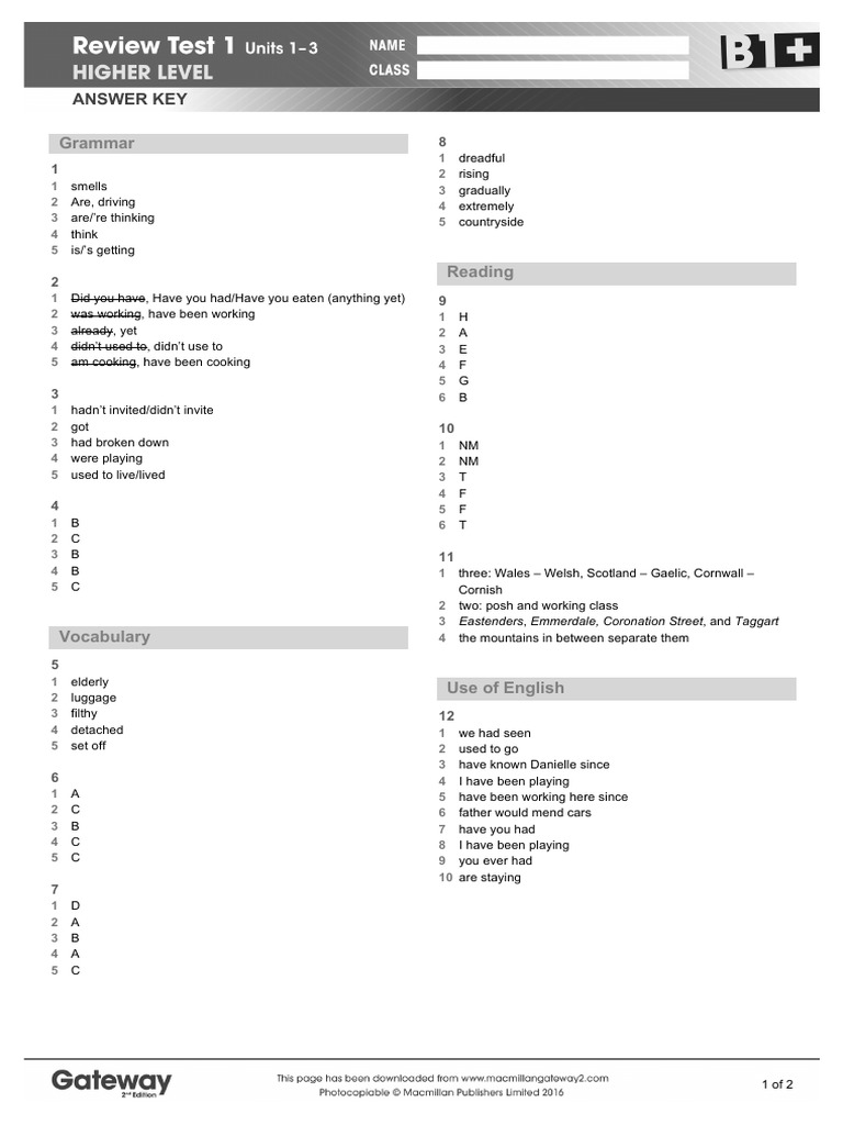 B1+ Review Test 1 Answer Key Higher | PDF