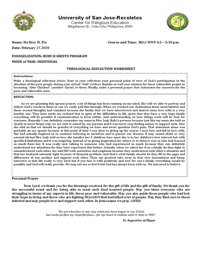 Theological Reflection Worksheet | PDF | Wellness | Religion & Spirituality