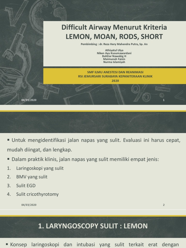 Kriteria Jalan Napas Sulit: LEMON, MOANS, RODS, SHORT | PDF