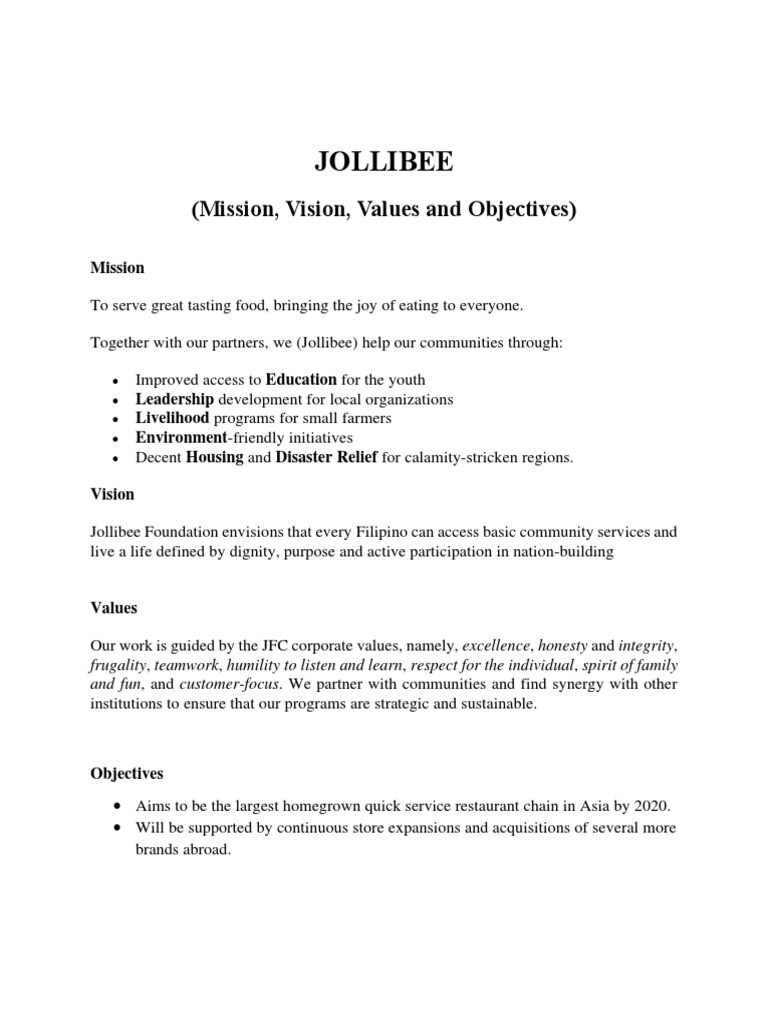 Jollibee's Mission & Vision, Values and Objectives | PDF