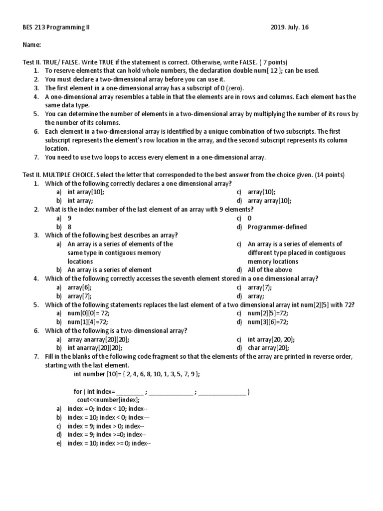 1D and 2D Array Quiz | PDF