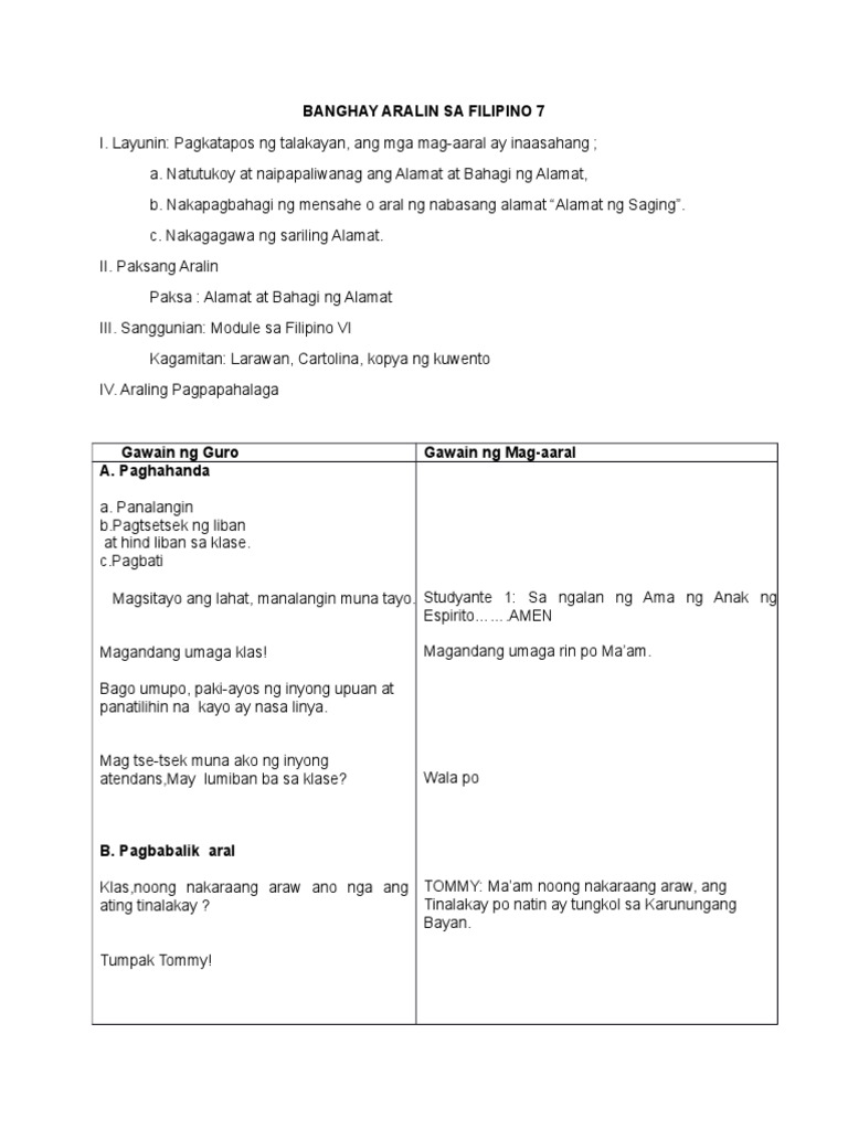 Banghay Aralin Sa Filipino 7 | PDF