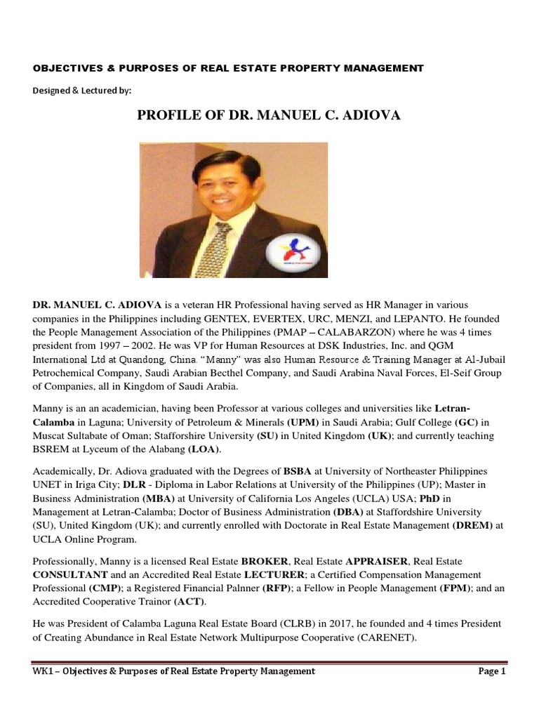 2WK1 - Objectives and Purposes of Property Management | PDF