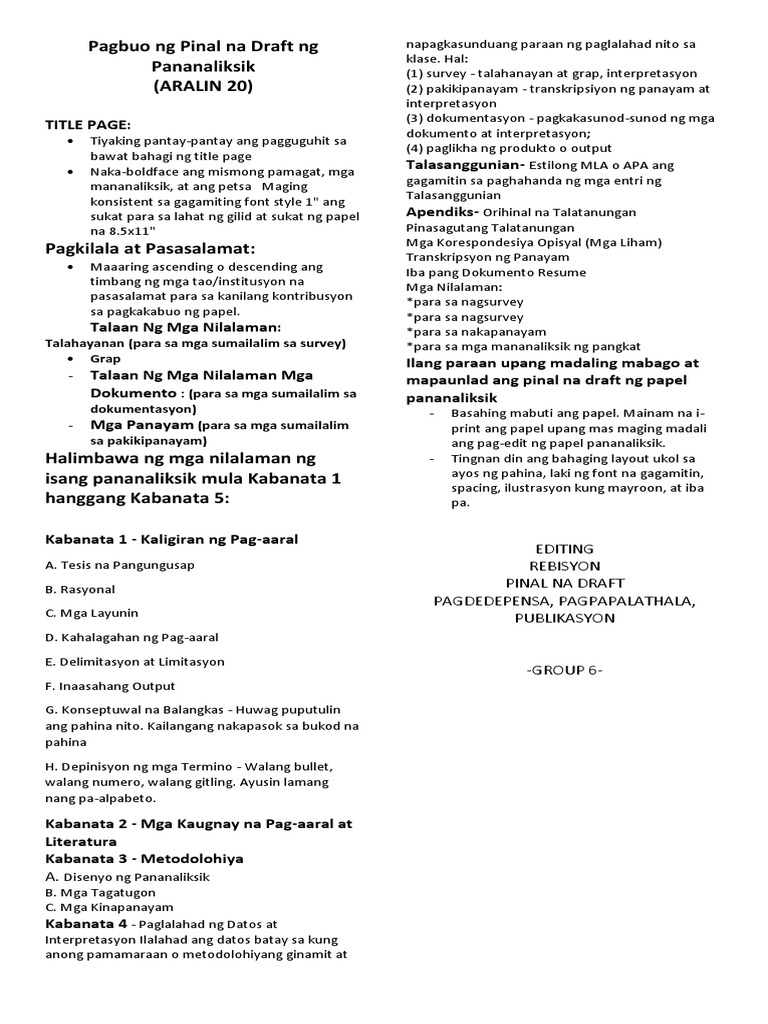 Pagbuo NG Pinal Na Draft NG Pananaliksik HANDOUTS | PDF