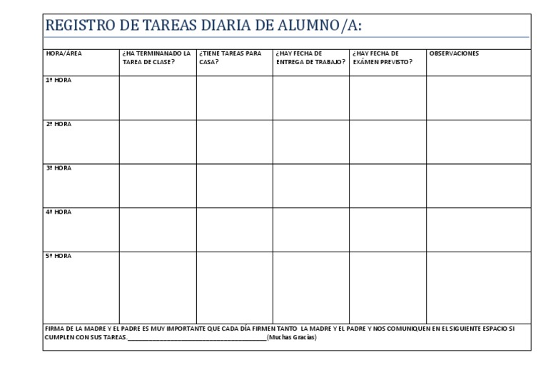 Registro de Tareas Diaria de Alumno | PDF