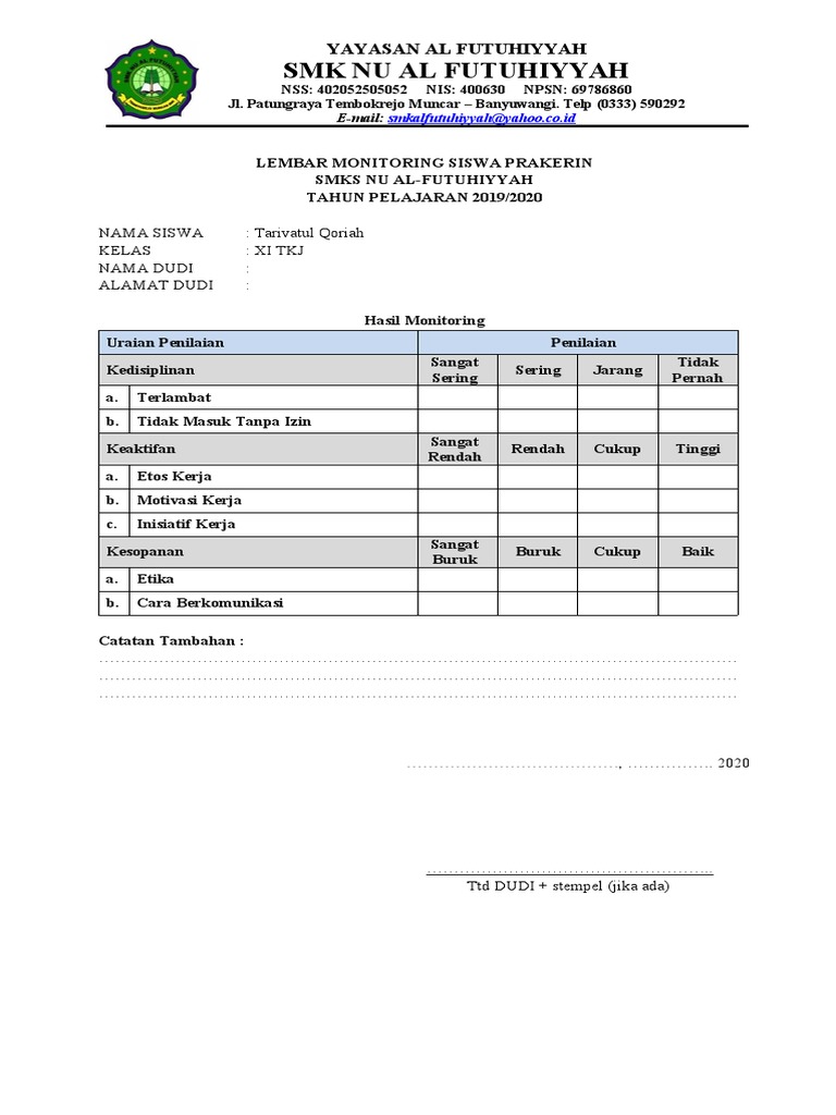 Lembar Monitoring Siswa Prakerin | PDF