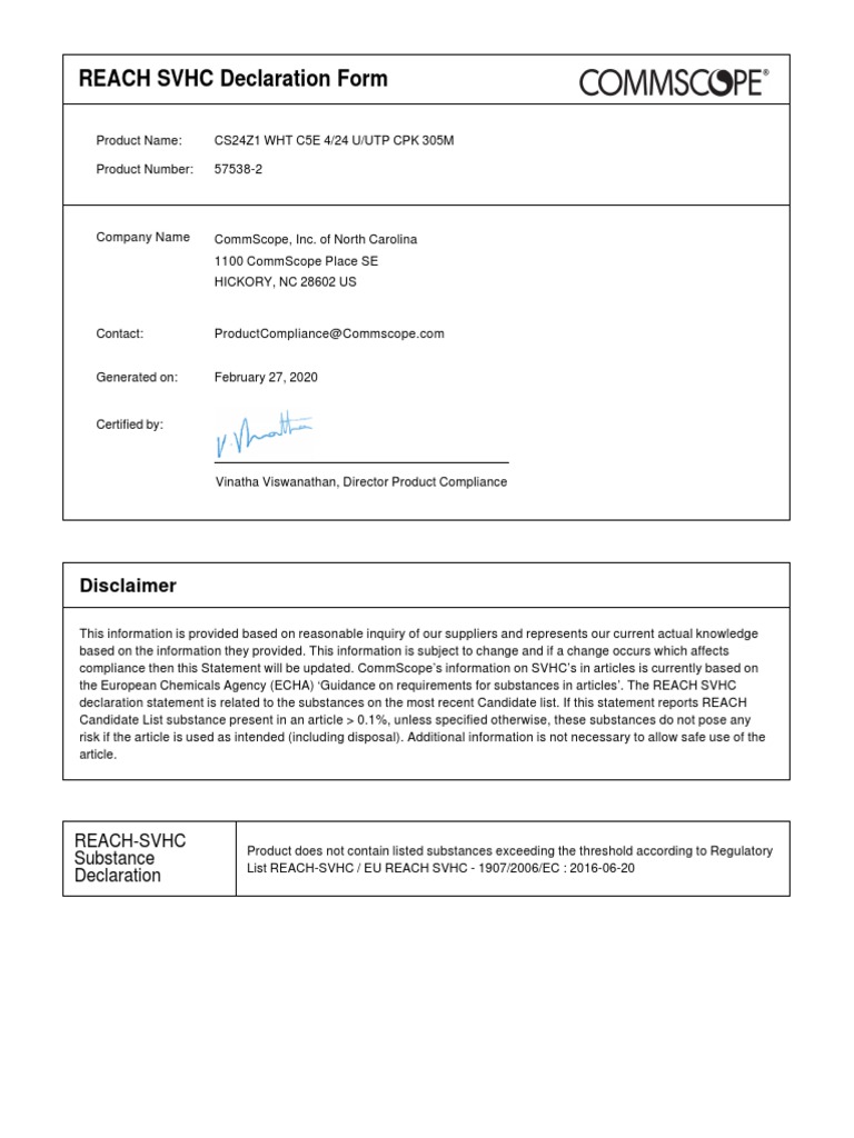 REACH SVHC Declaration Form