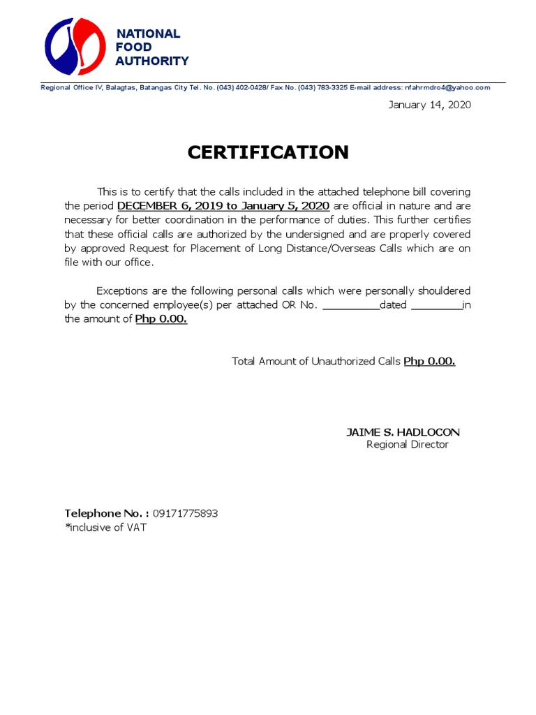 Certification - Telephone Bill | PDF