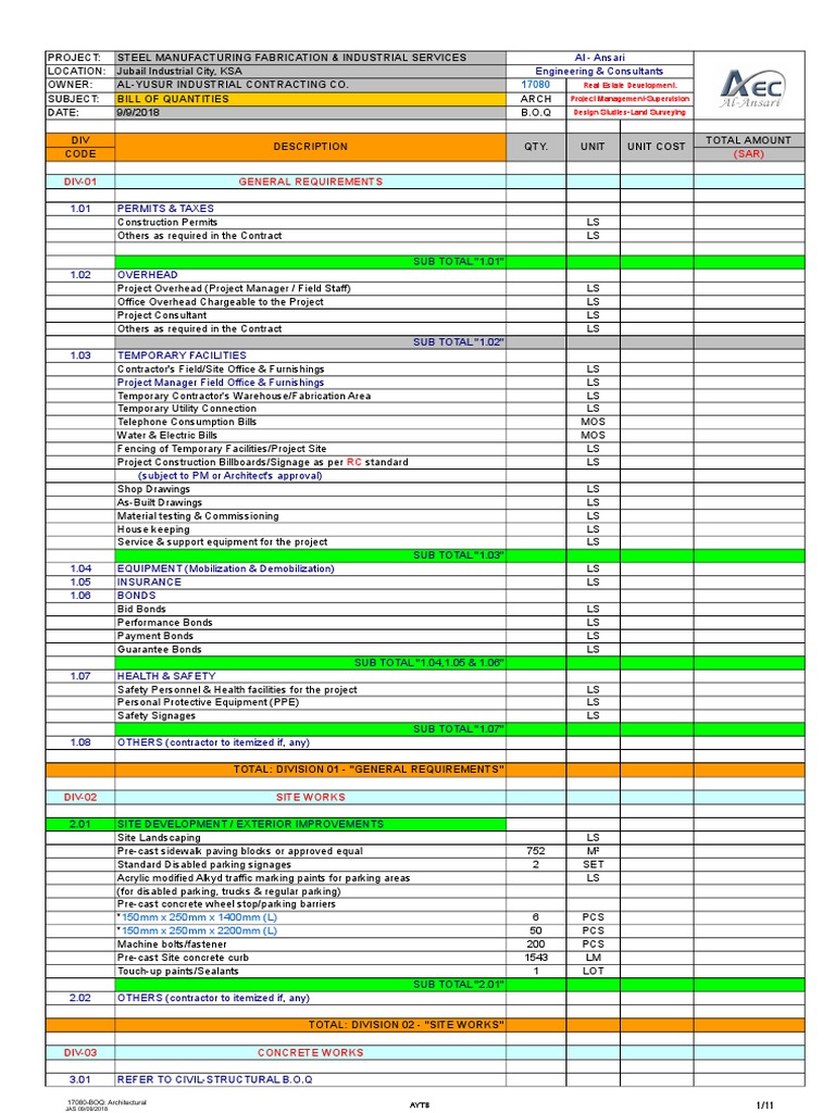 Boq Aytb-Arch 2 | PDF