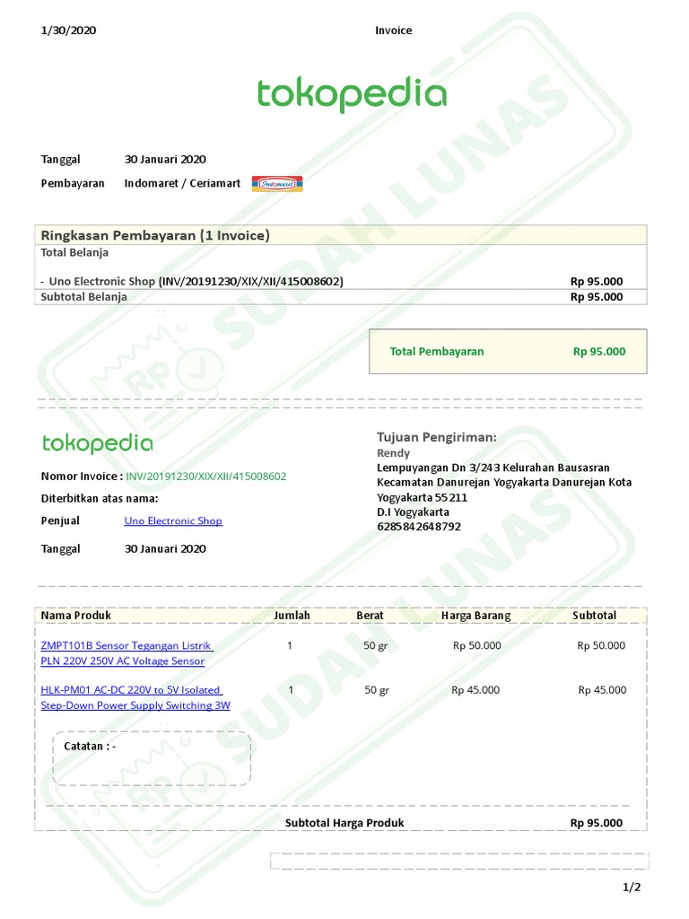 INVOICE TOKOPEDIA Pembelian ZMPT | PDF