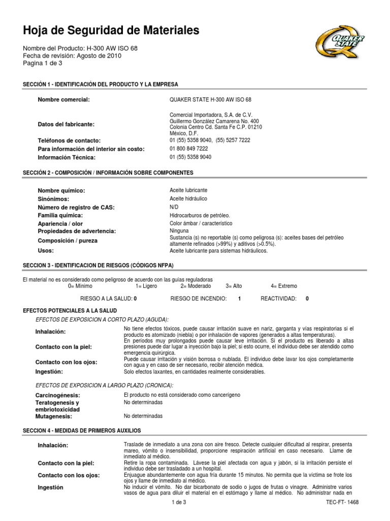 Hoja De Seguridad Aceite Hidraulico Pdf