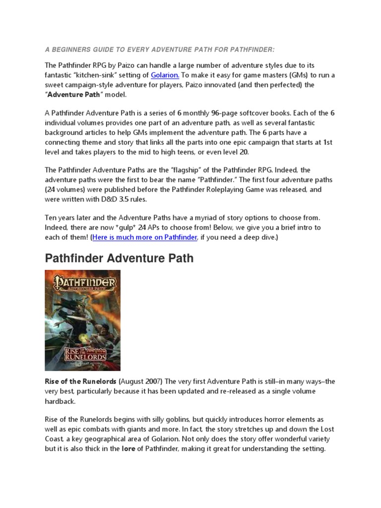 Beginners Guide To Every Adventure Path in Pathfinder | PDF
