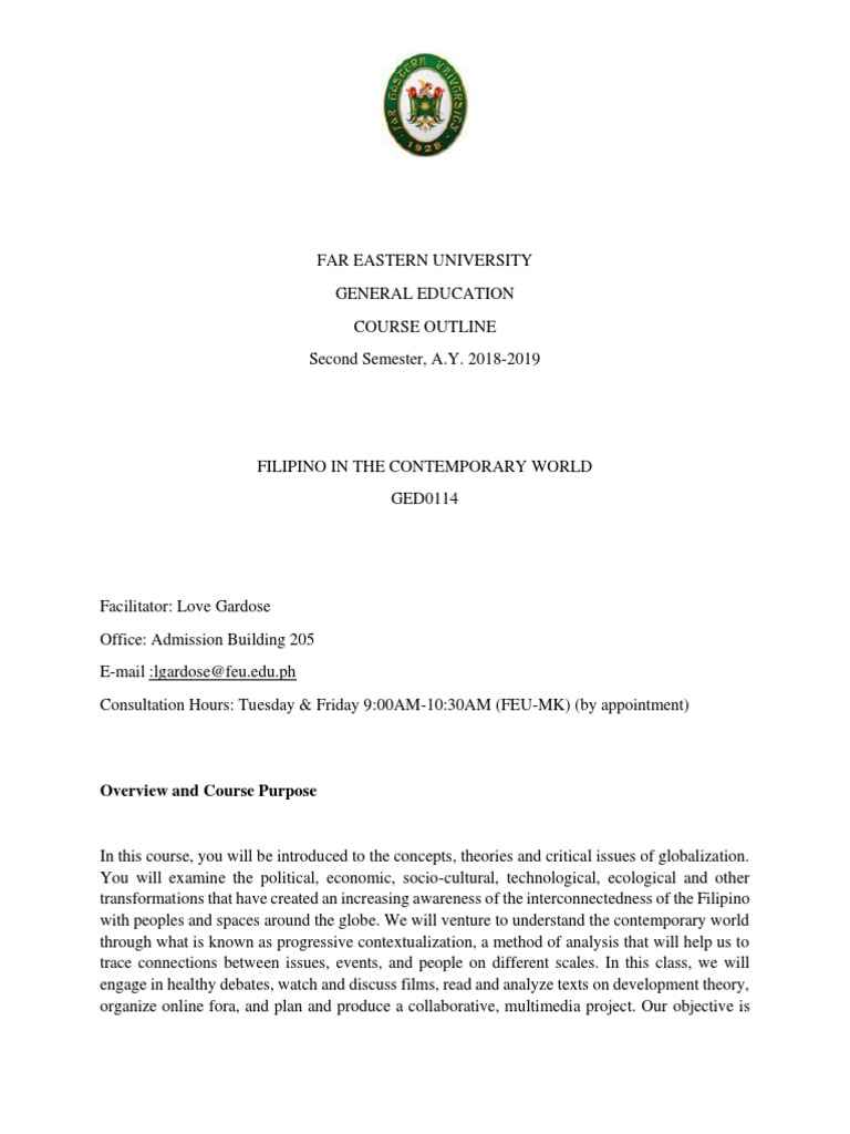 Course Outline - Filipino in The Contemporary World - 1ST Sem - 19 20 | PDF