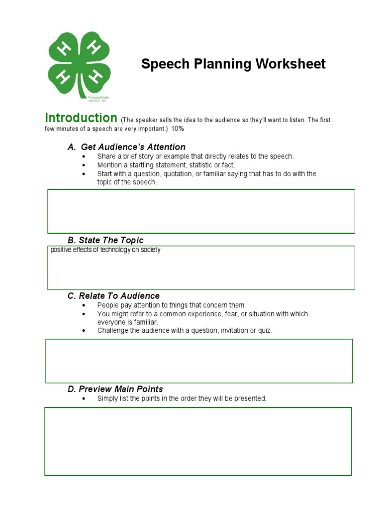 4H Speech Worksheet PDF | PDF