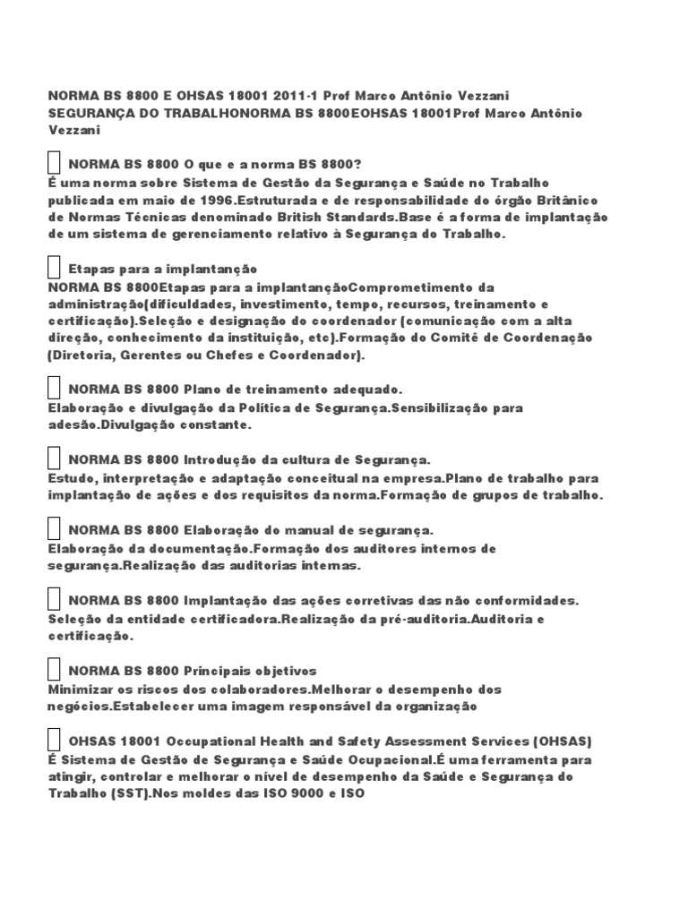 Gestão de Segurança: BS 8800 e OHSAS 18001 | PDF | Business | Trabalho
