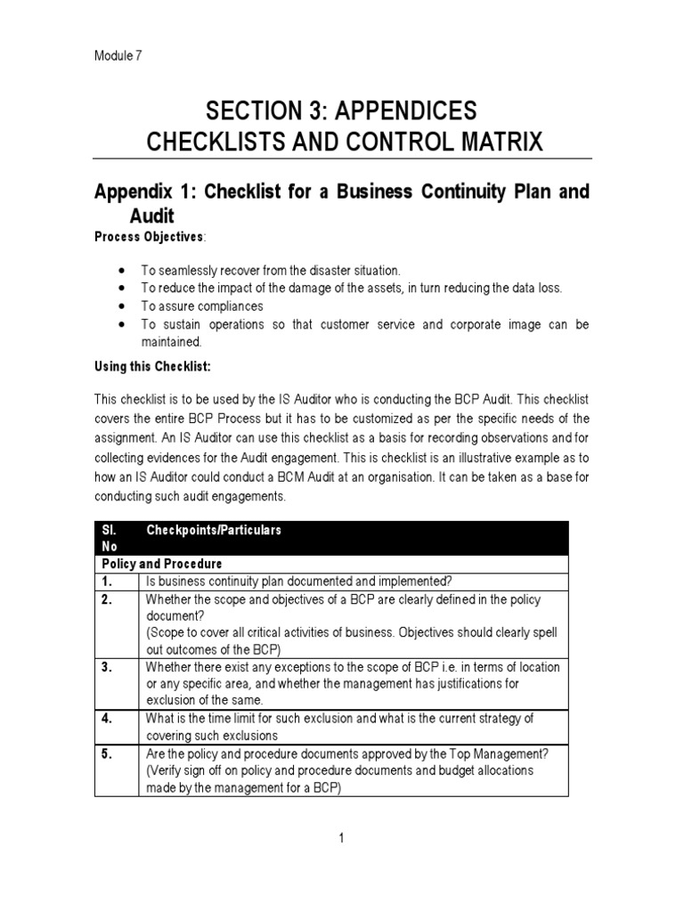 Section 3 Checklist For BCP Audit | PDF | Disaster Recovery | Internal ...