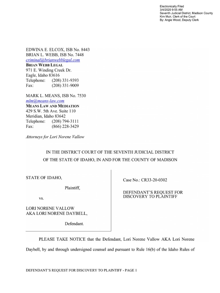 Request For Discovery Filed by Lori Vallow's Attorneys | PDF ...