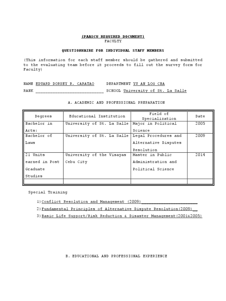 Faculty Questionnaire for Staff Evaluation | PDF | Career & Growth ...