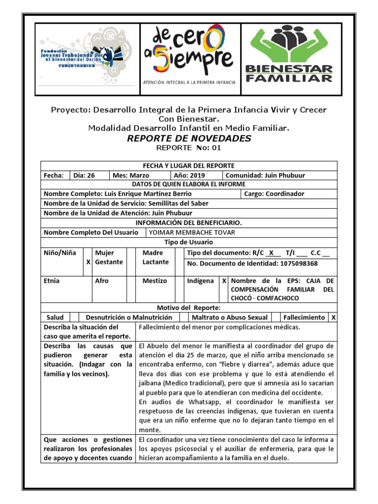 FORMATO REPORTE DE NOVEDADES Familiar | PDF