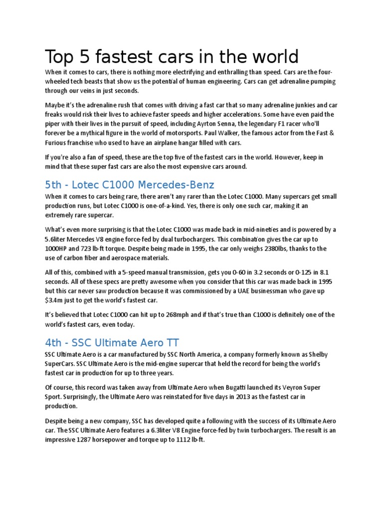 Top 5 Fastest Cars in The World | PDF