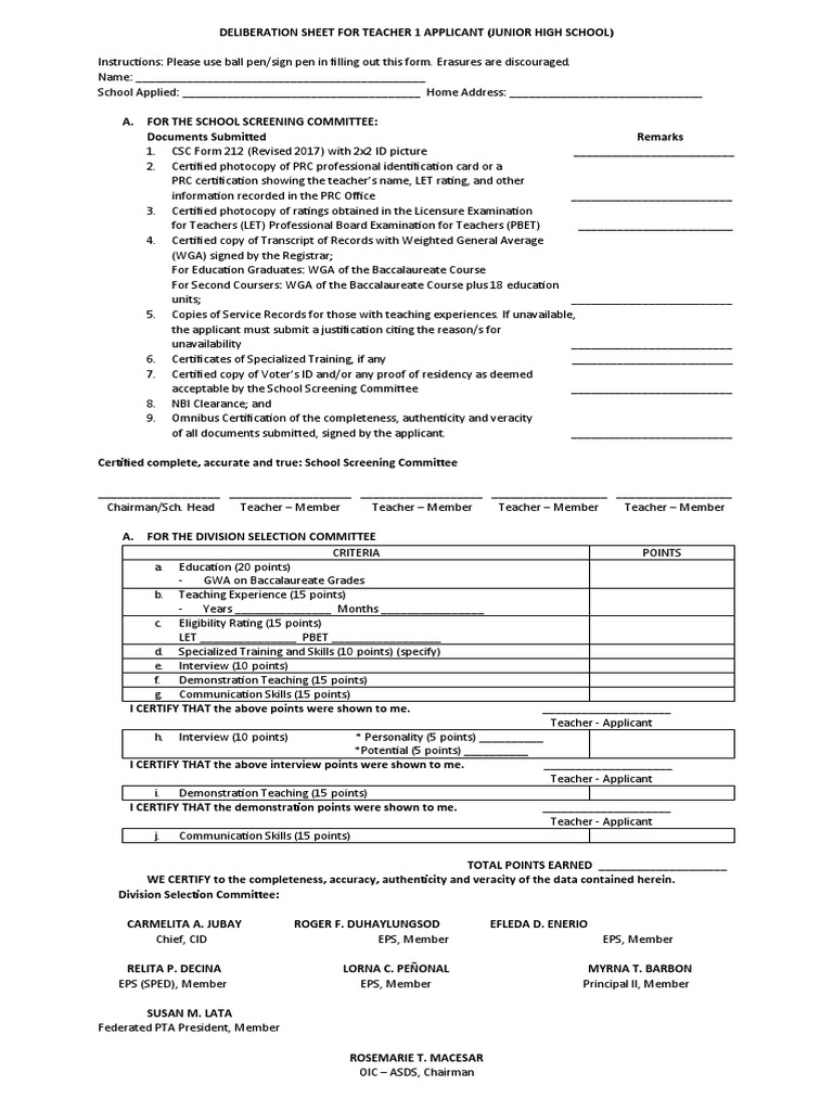 Deliberation Sheet For Teacher 1 Applicant | PDF