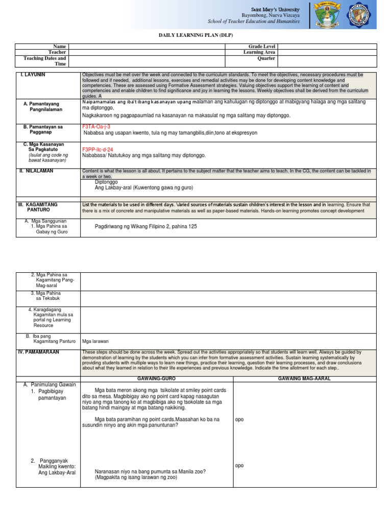 Daily Learning Plan for Diptonggo Lessons | PDF