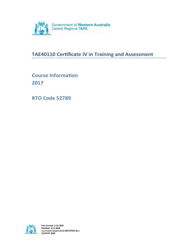 TAE40110 Certificate IV in Training and Assessment S1 2017 V1docx | PDF