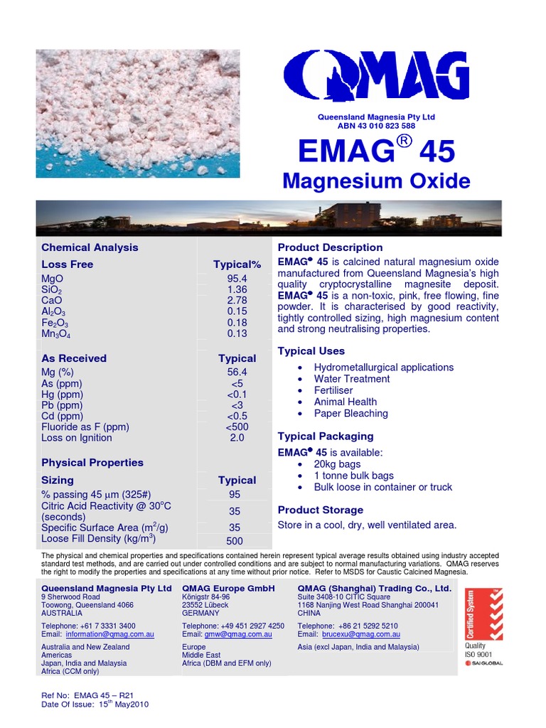 EMAG 45 Magnesium Oxide Data Sheet | PDF