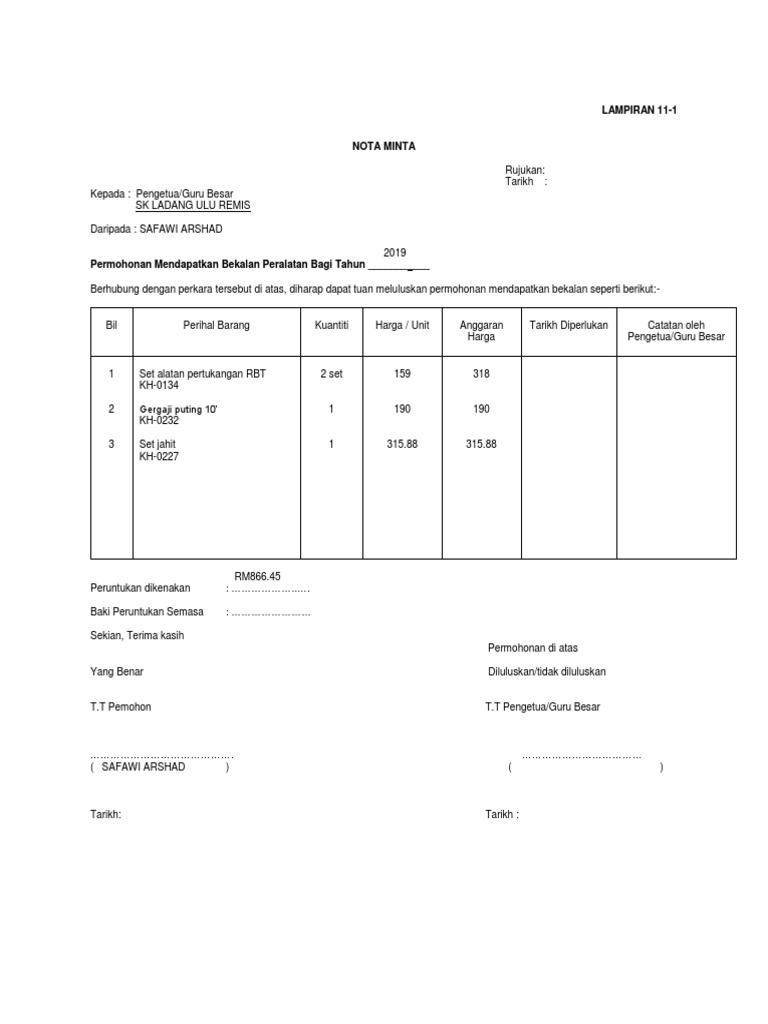 Contoh Nota Minta RBT 2019 | PDF