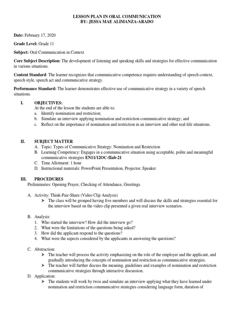 LESSON PLAN IN ORAL COMMUNICATION..nomination | PDF