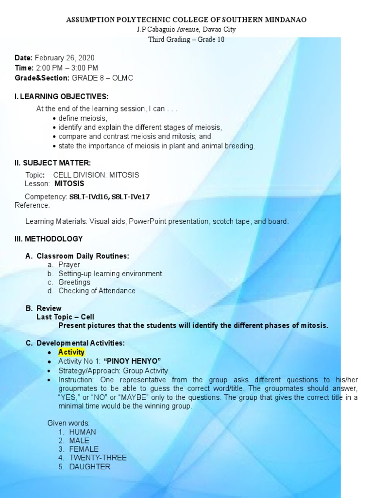 Grade 8 Meiosis Lesson Plan | PDF | Science & Mathematics