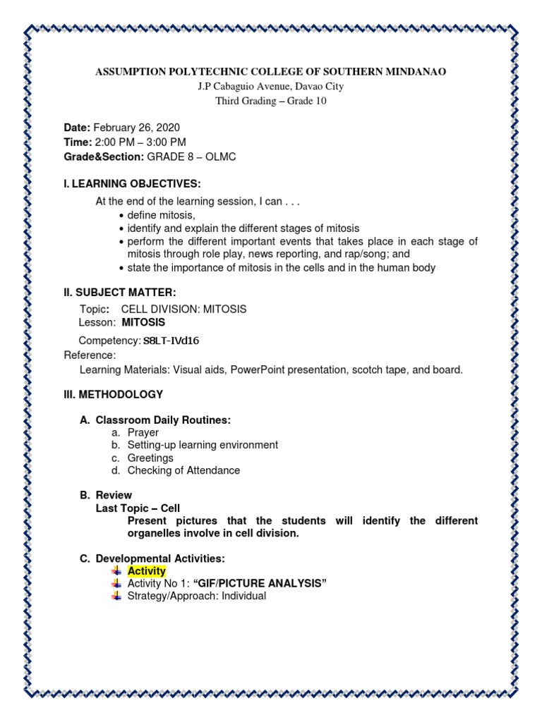 Grade 8 Lesson Plan (MITOSIS) | PDF