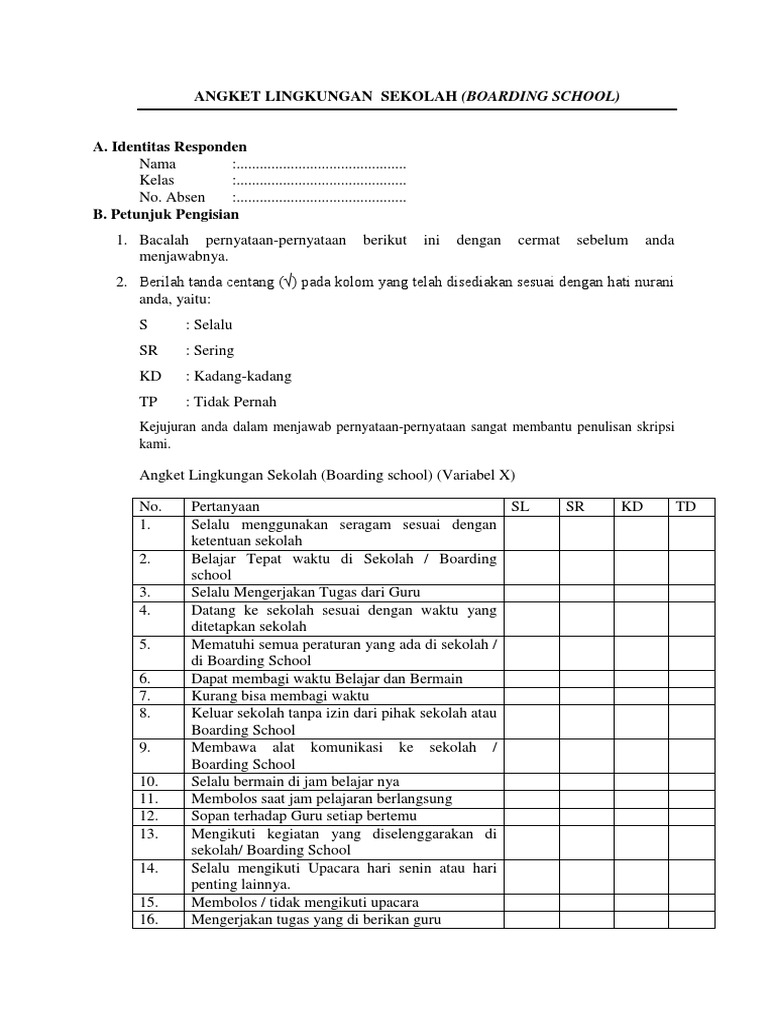 Angket Variabel X Dan y | PDF