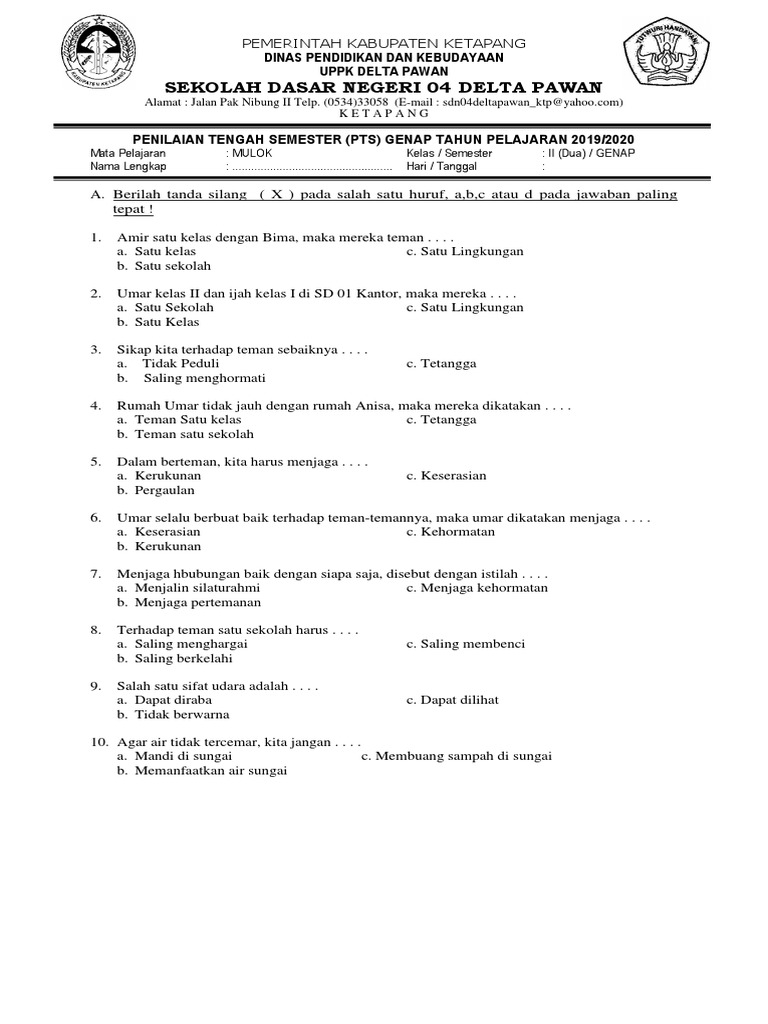 PTS Genap Mulok Kelas 2 2019-2020 | PDF