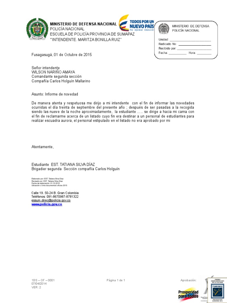 Ejemplo Informe de Novedades Policia Nacional | PDF