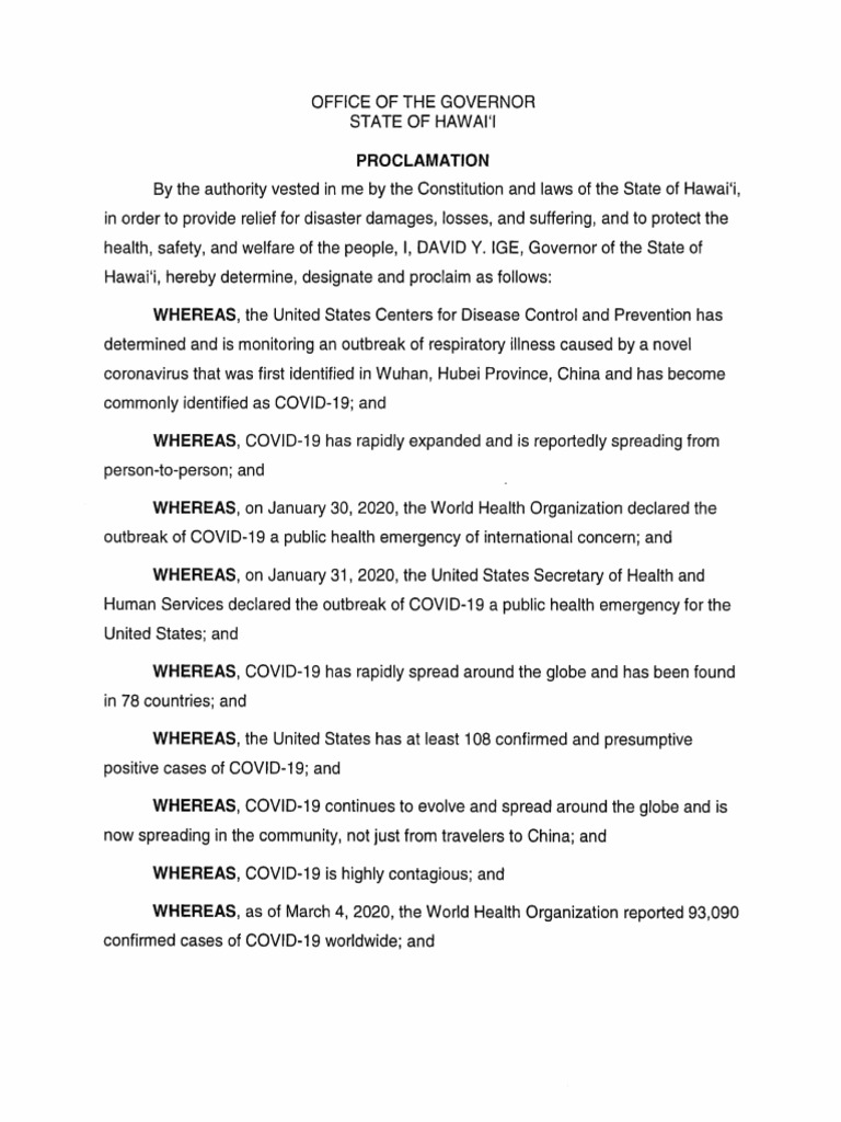 Hawaii Emergency Proclamation COVID 19 | PDF