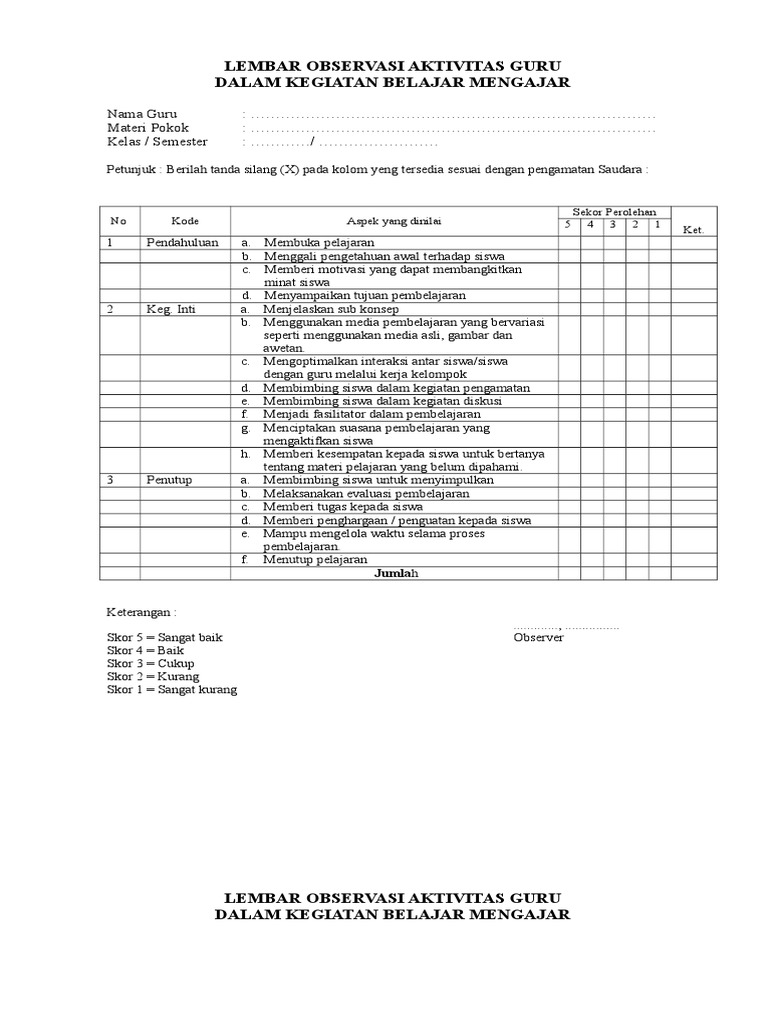 instrumen-LEMBAR OBSERVASI AKTIVITAS GURU | PDF