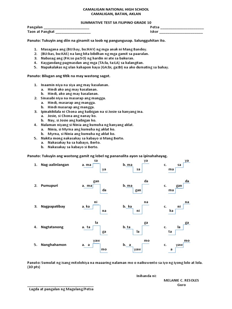 Summative Test Sa Filipino 7 11-13-2019 | PDF