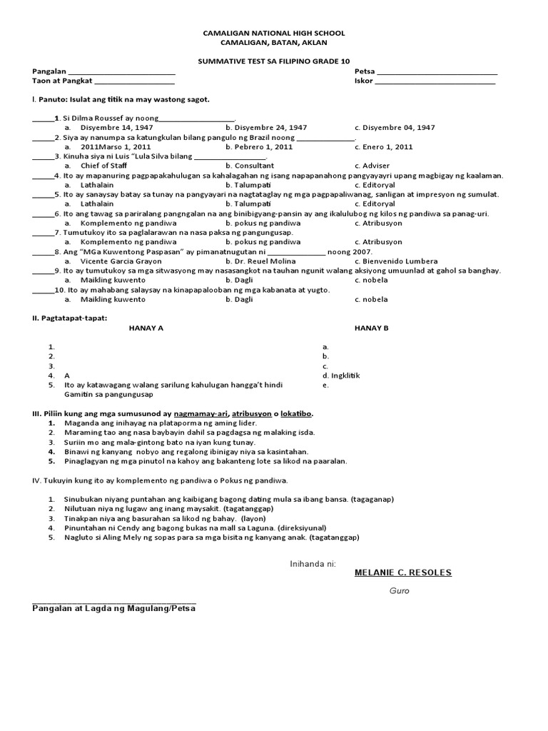 3rd Summative Grade 10 9-19-19-2019 | PDF
