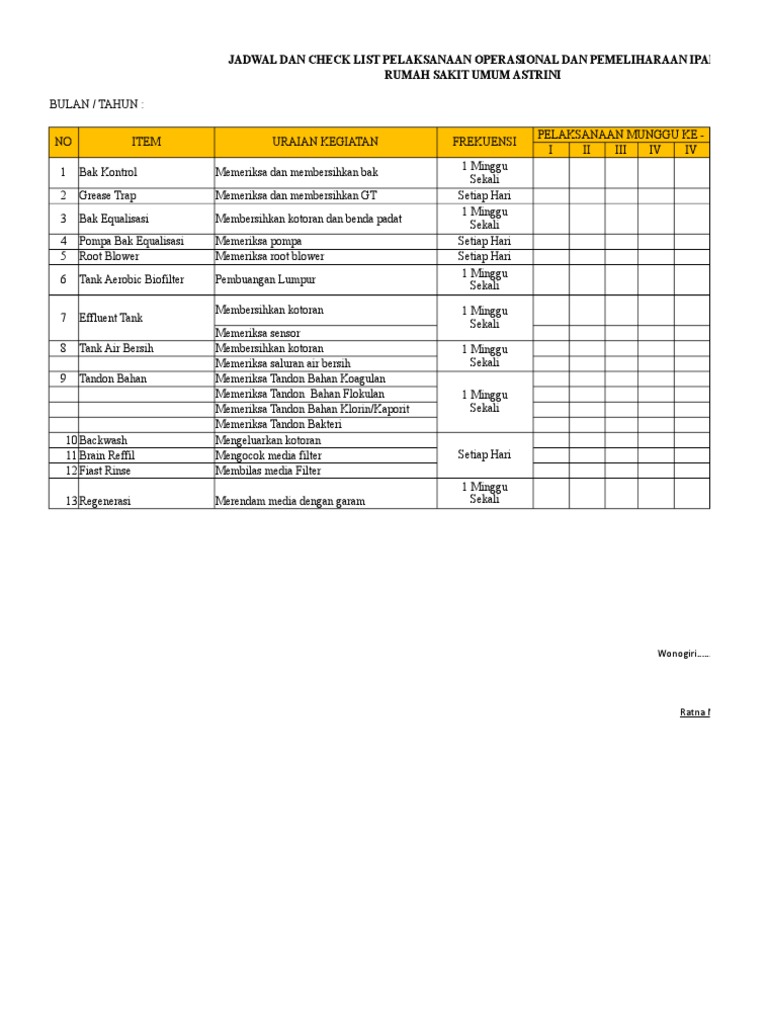 Checklist Pemeliharaan IPAL Rumah Sakit | PDF