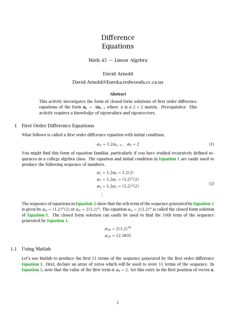 Difference Equations: Math 45 - Linear Algebra | PDF | Recurrence Relation | Eigenvalues And ...