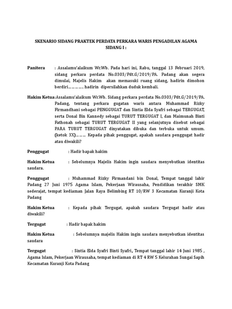 Skenario Sidang Perdata Waris Pengadilan Agama | PDF