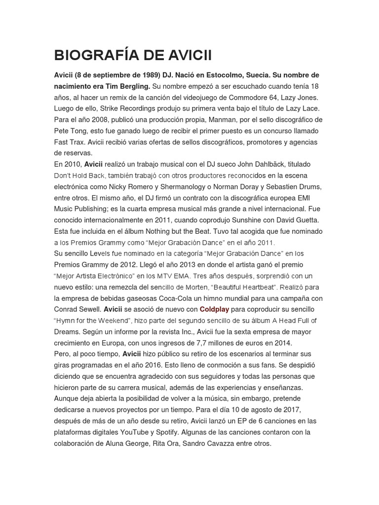 Biografía de Avicii: Tim Bergling | PDF