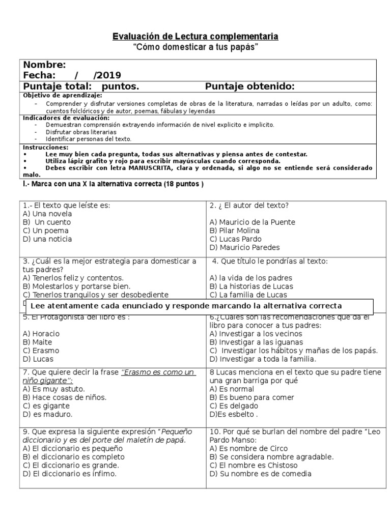 Prueba Plan Lector Como Domesticar A Tus Papás | PDF