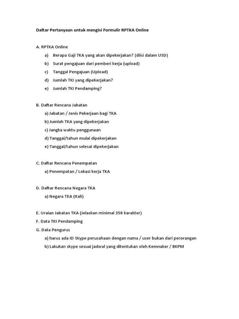 Daftar Pertanyaan Untuk Mengisi Formulir RPTKA Onl | PDF | Pengelolaan ...