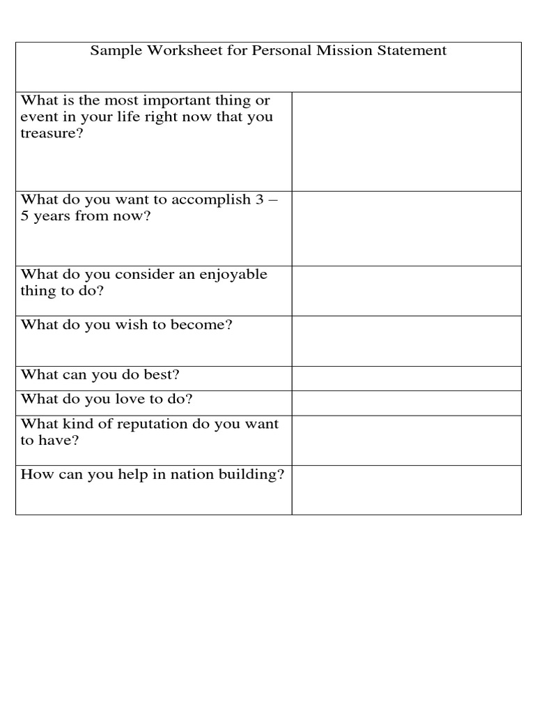 Sample Worksheet For Personal Mission Statement | PDF