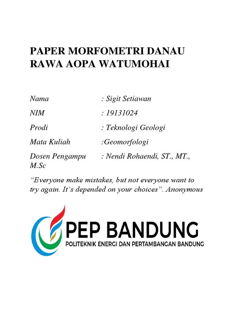 Tugas Morfometri Danau Sigit Setiawan | PDF